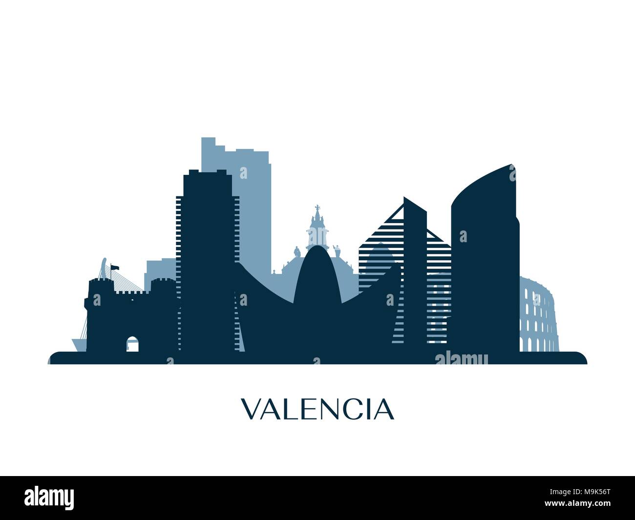 Valencia skyline, monochrome silhouette. Vector illustration Stock ...