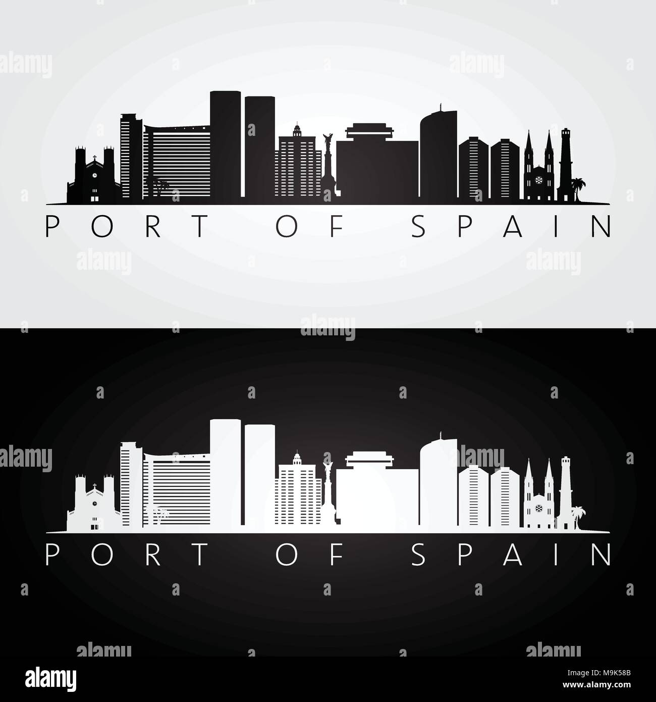 Port of Spain skyline and landmarks silhouette, black and white design ...