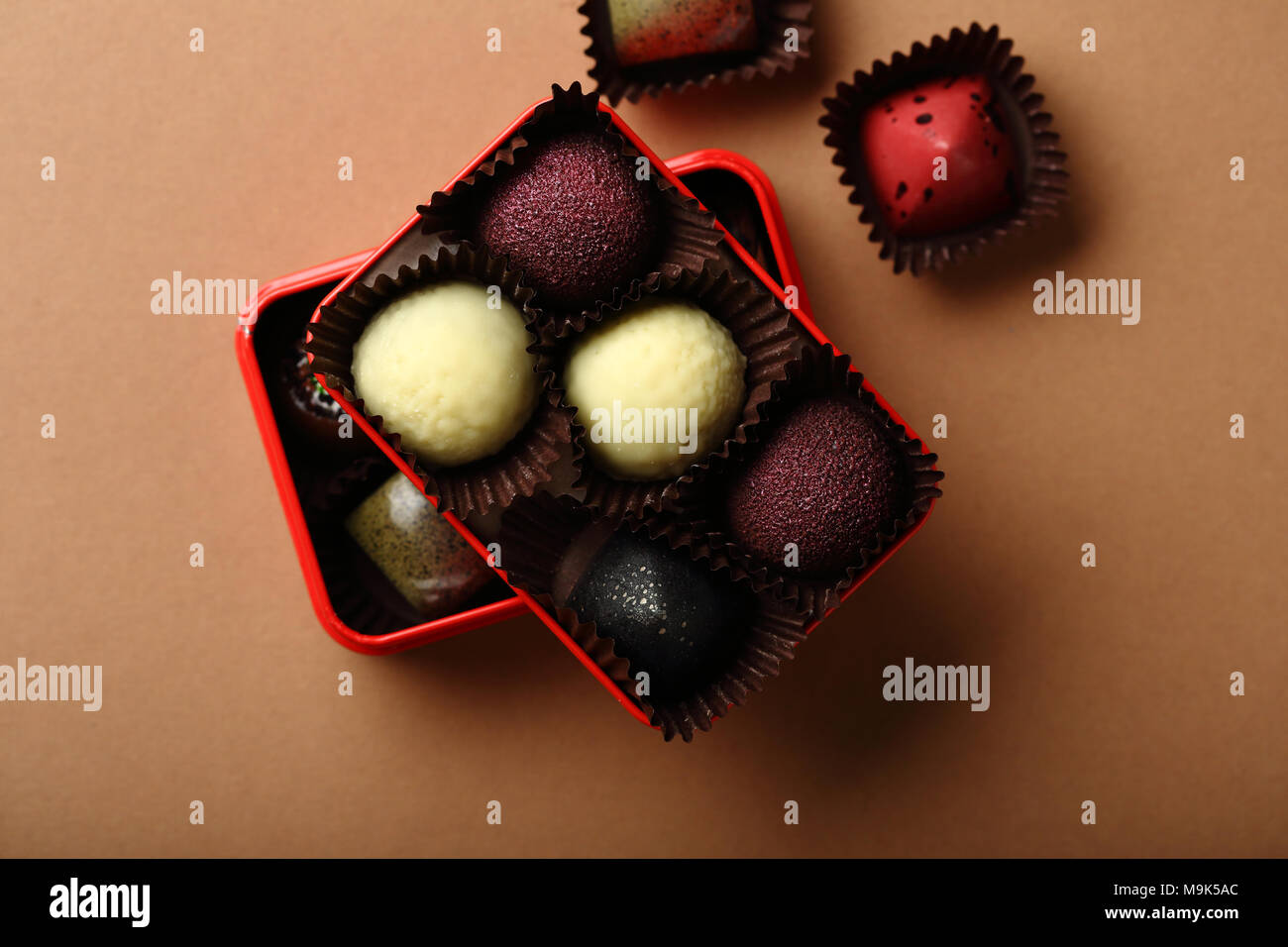 Chocolate candy in box, food above Stock Photo - Alamy