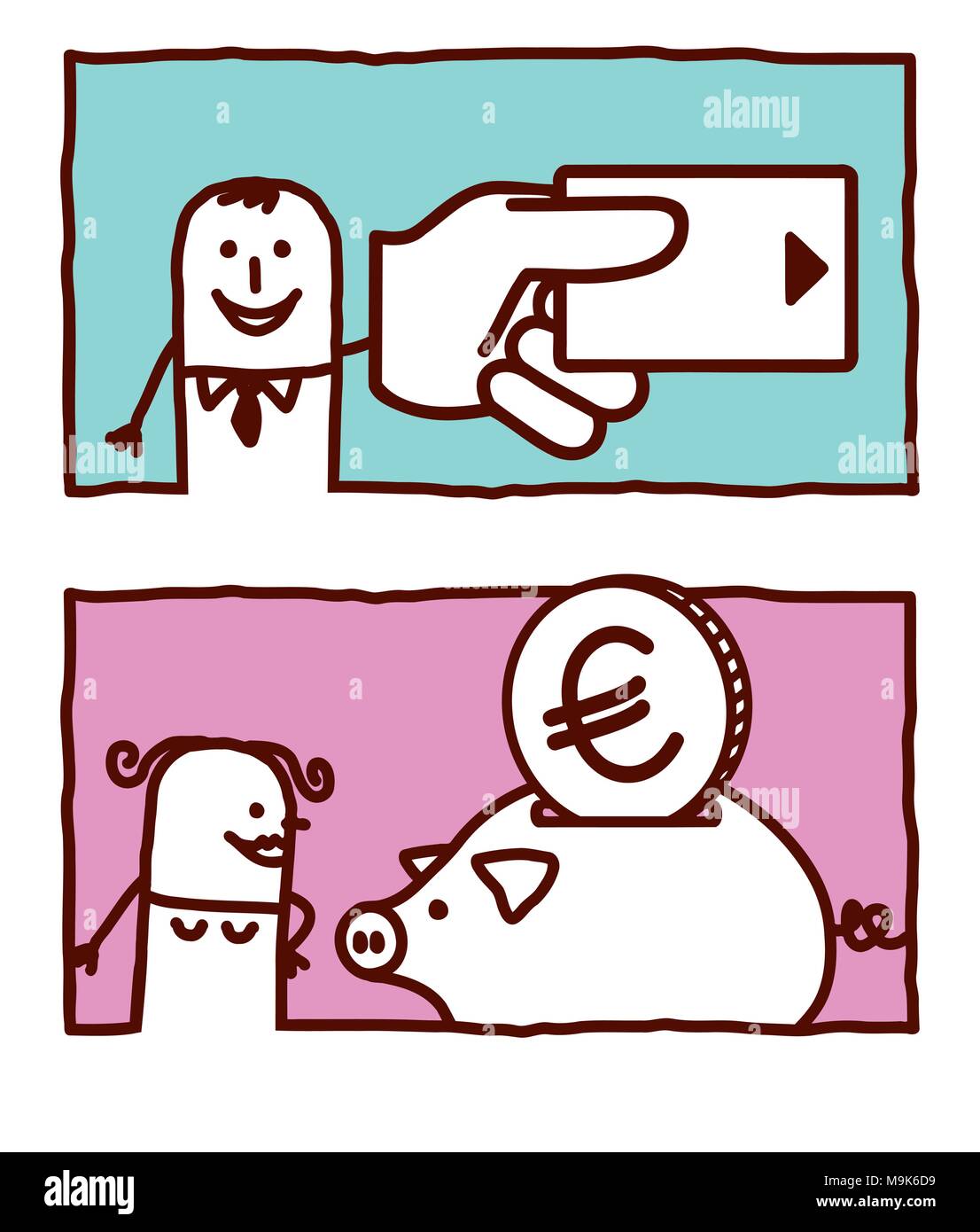 vector hand drawn cartoon characters - credit card & money box Stock ...