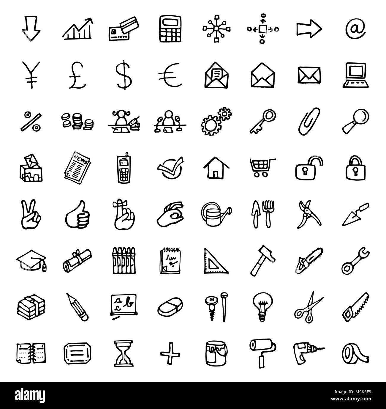 black and white hand drawn icons - OFFICE & TOOLS Stock Vector Image ...