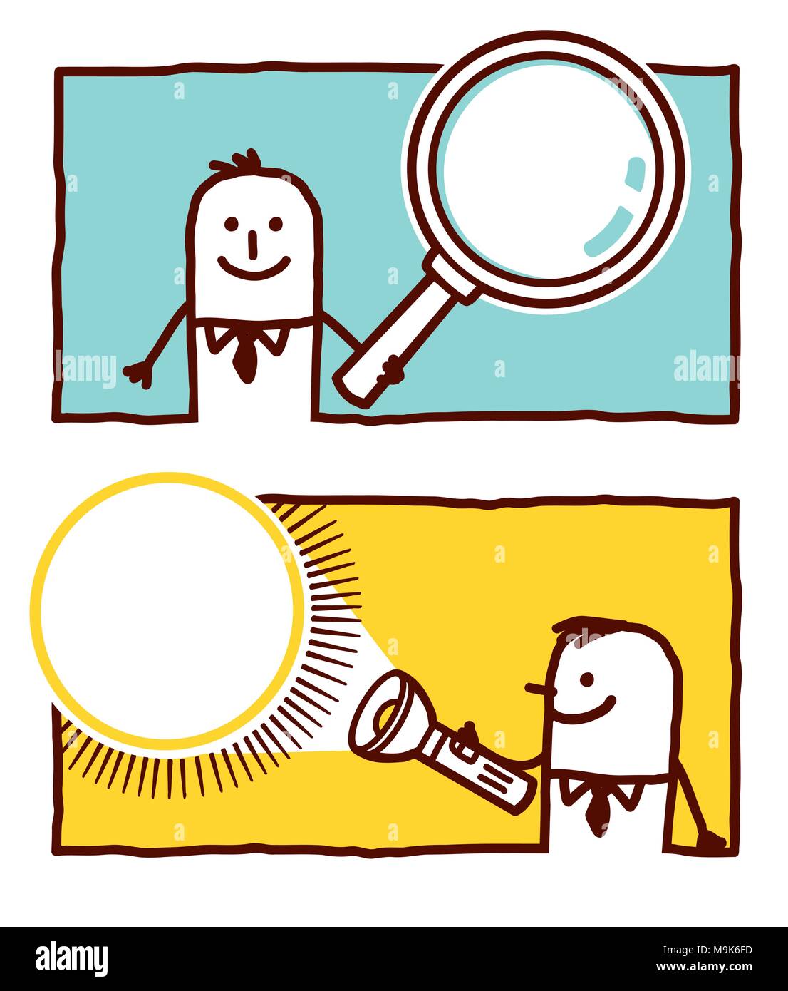 vector hand drawn cartoon characters - magnifier & flashlight Stock ...