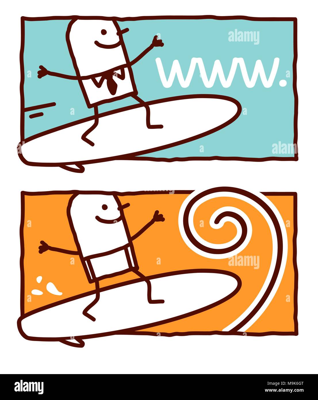 vector hand drawn cartoon characters - surf on the web or wave Stock ...