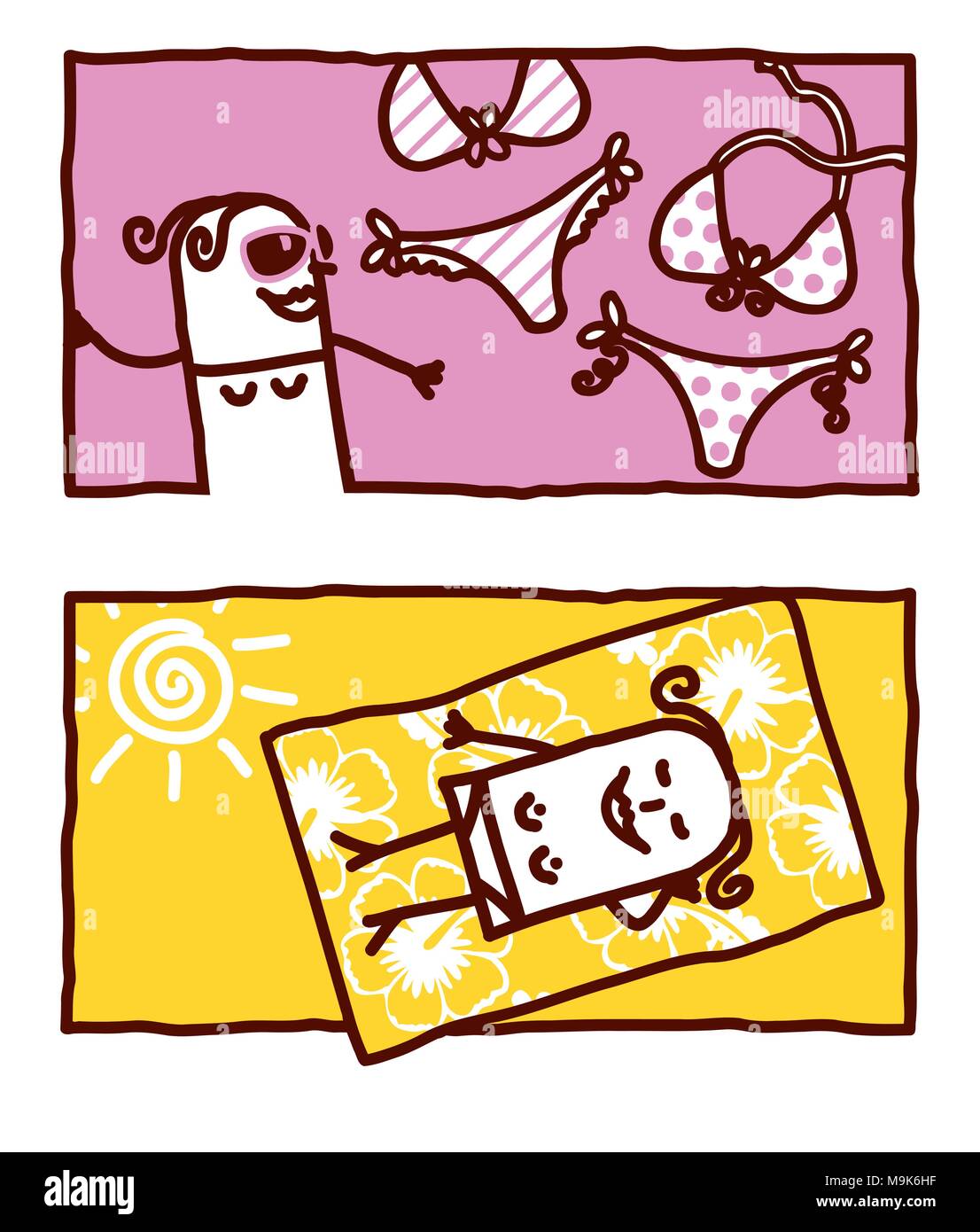 vector hand drawn cartoon characters - swimsuits & sunbathing Stock ...