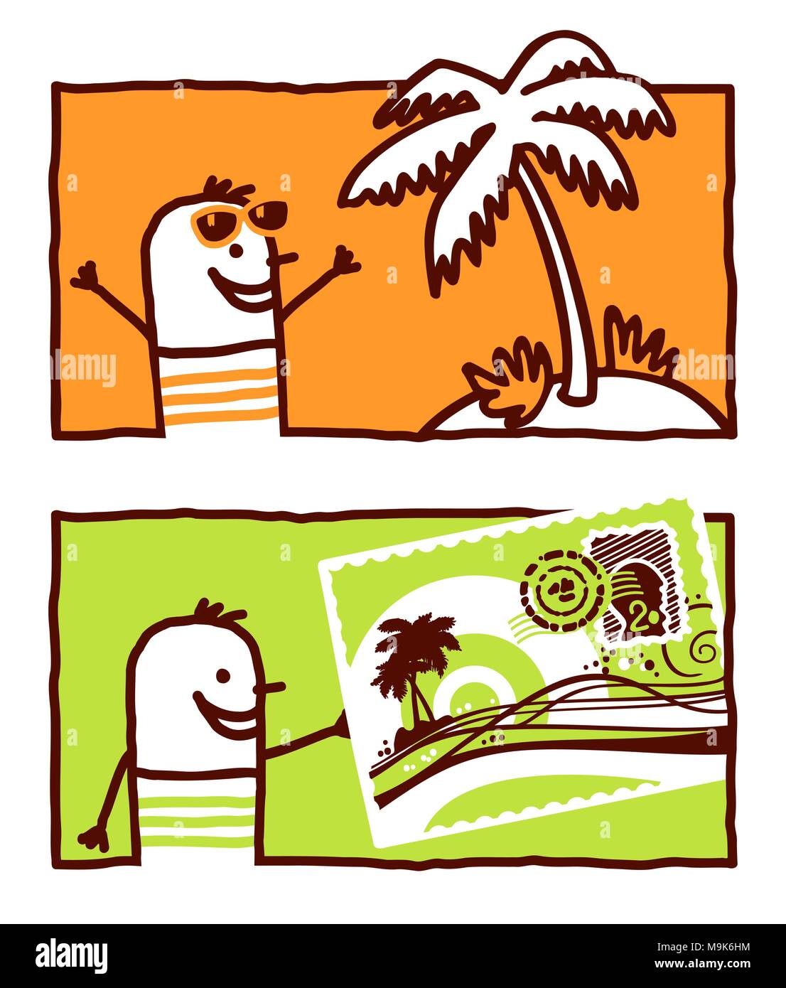 vector hand drawn cartoon characters - exotic island & postcard Stock ...