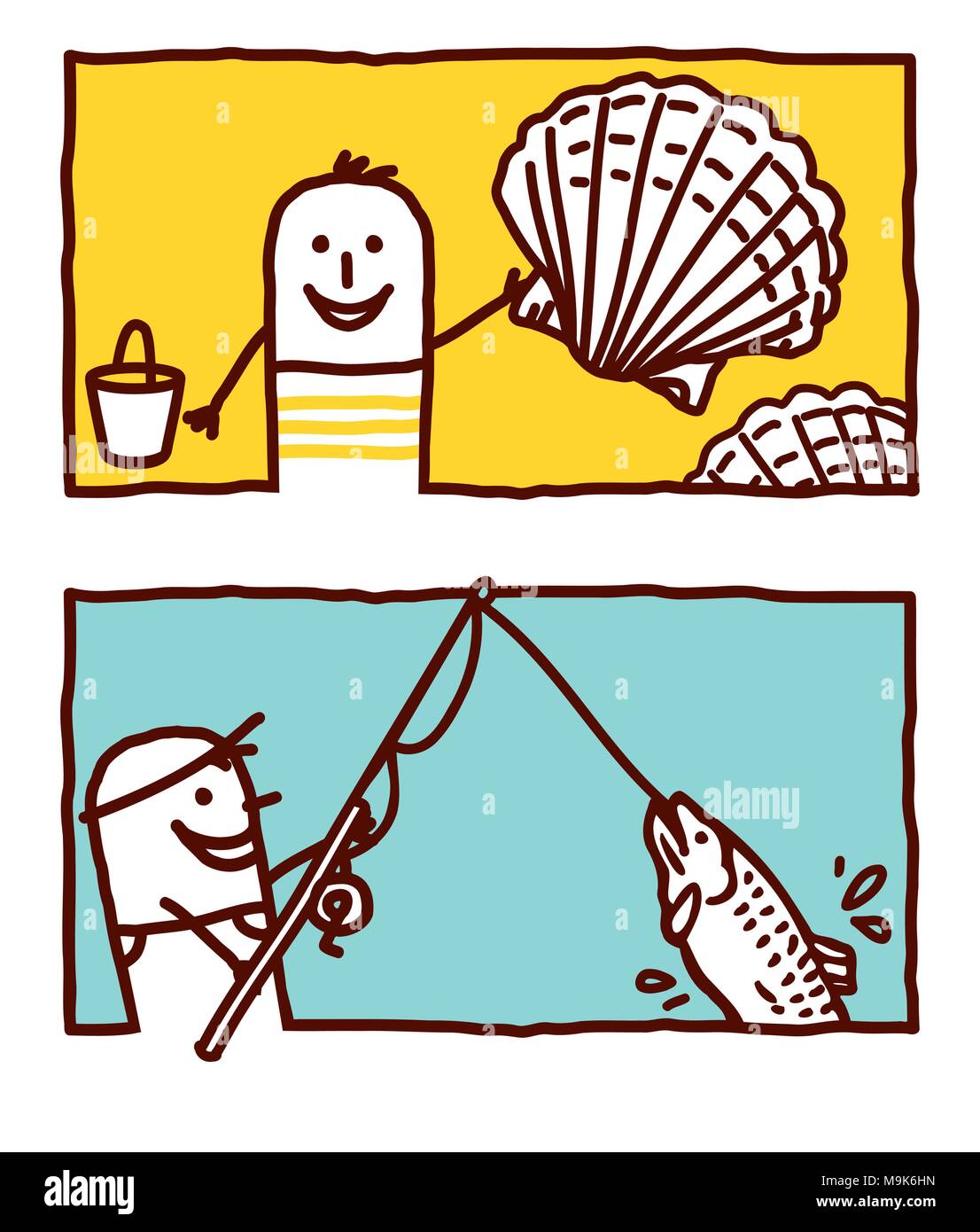 vector hand drawn cartoon characters - shells & fishing Stock Vector ...