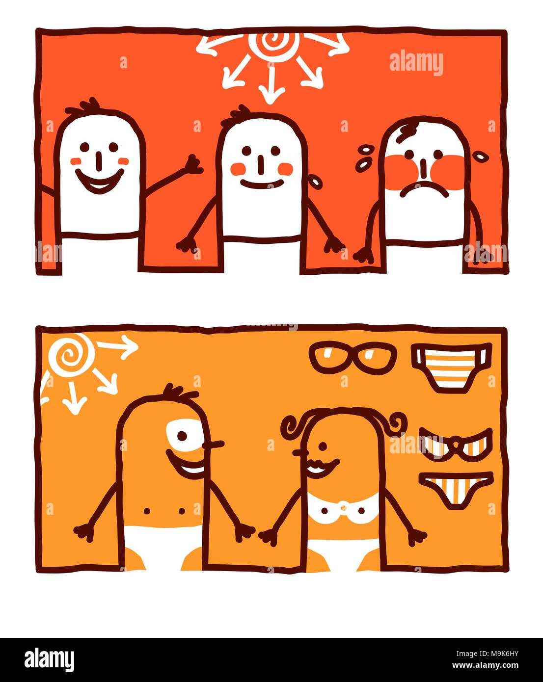 vector hand drawn cartoon characters - hot sunrays & tanning Stock ...
