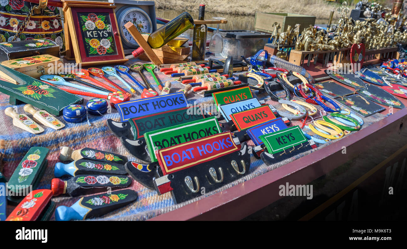 Various items for sale on a narrowboat in Cheshire, England, UK Stock ...