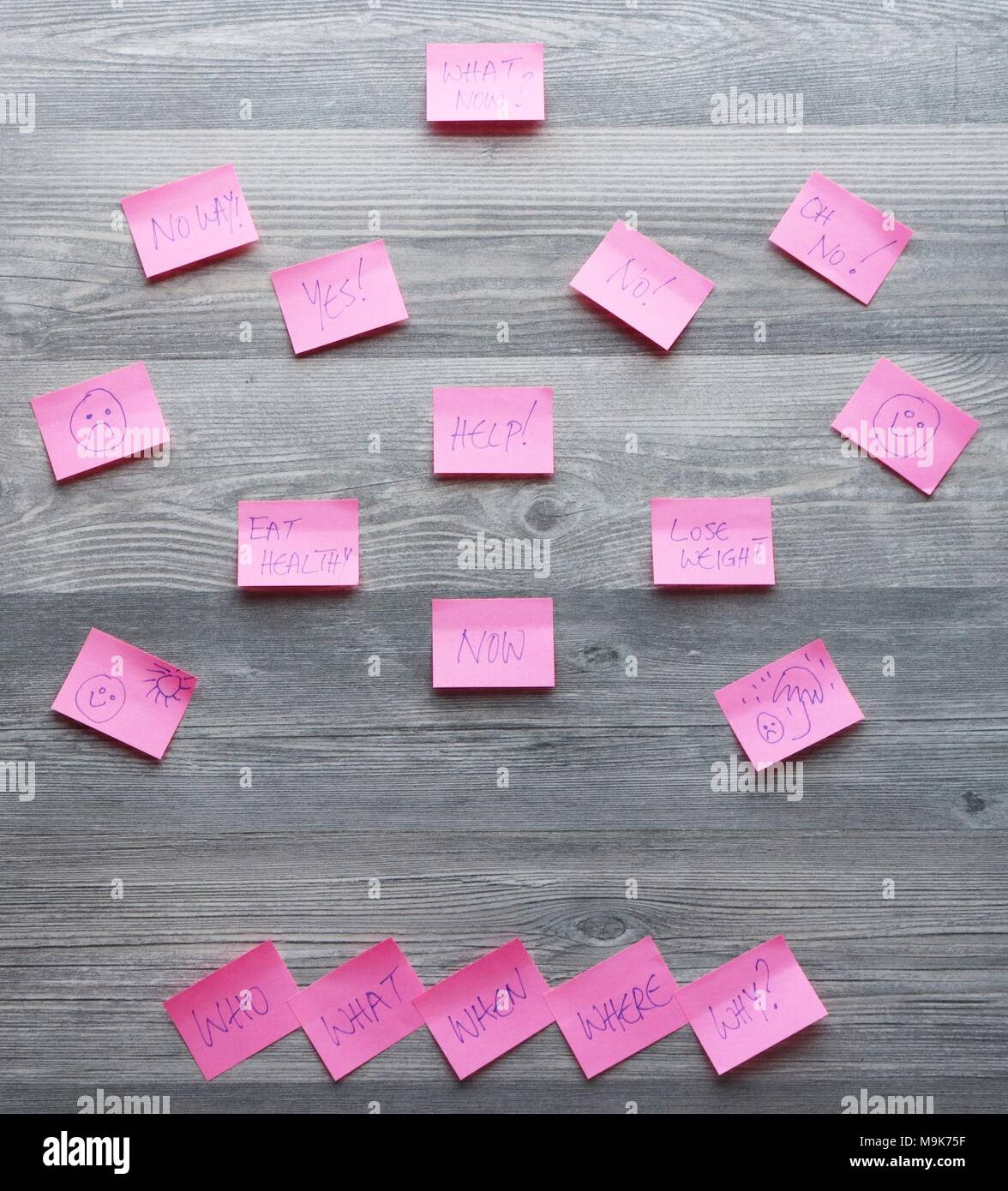 Post it notes, yes or no, choices, decisions, actions on grey plank ...