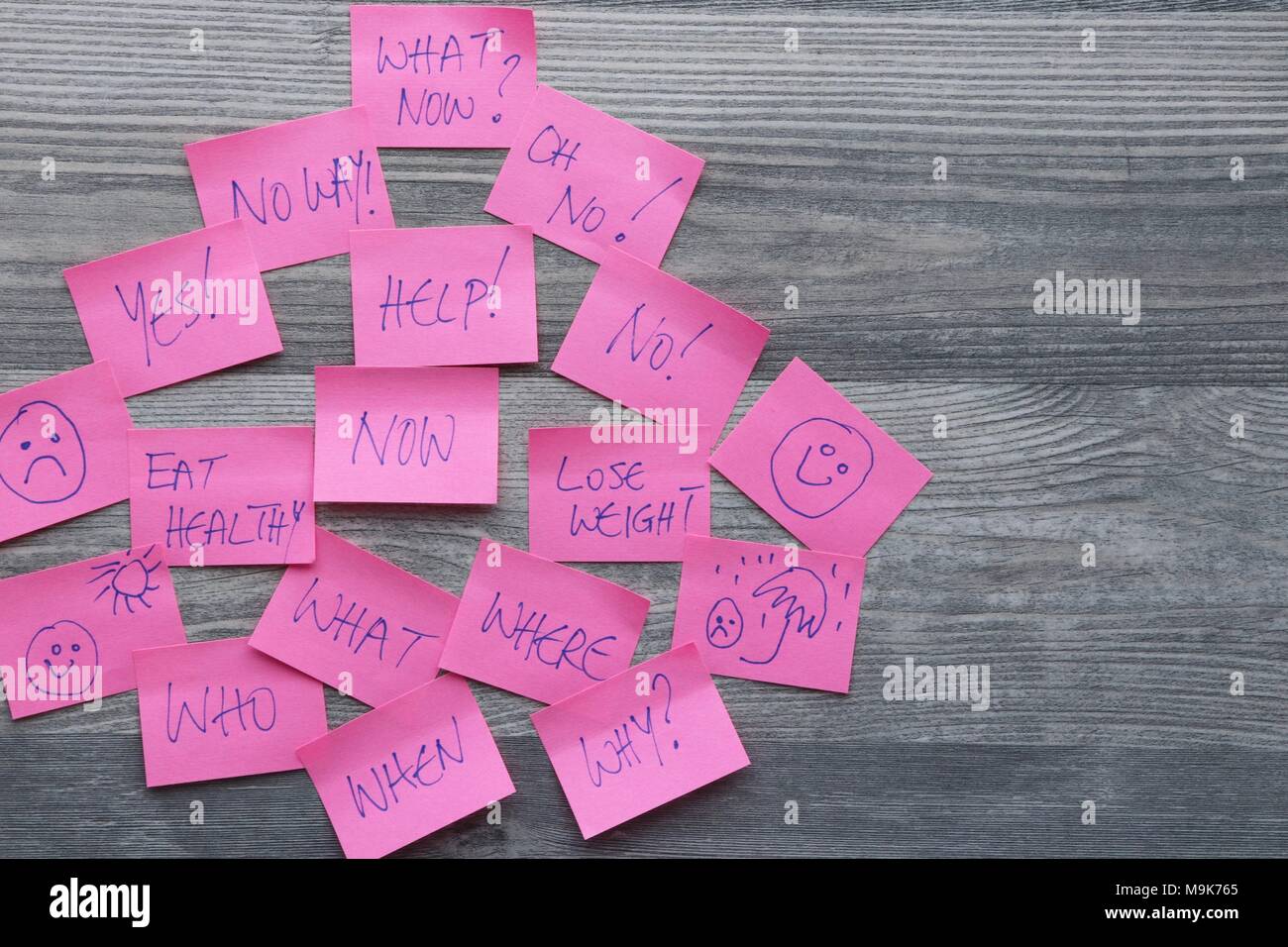 Post it notes, yes or no, choices, decisions, actions on grey plank ...