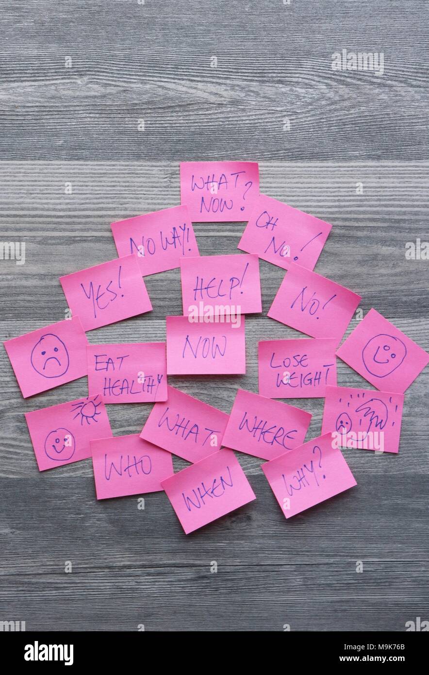 Post it notes, yes or no, choices, decisions, actions on grey plank ...