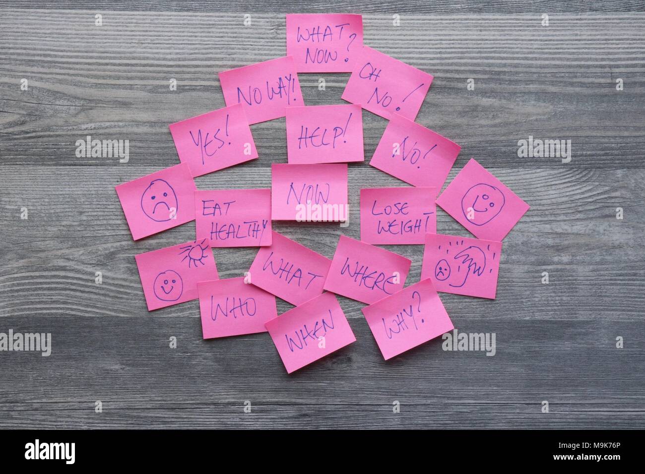 Post it notes, yes or no, choices, decisions, actions on grey plank ...