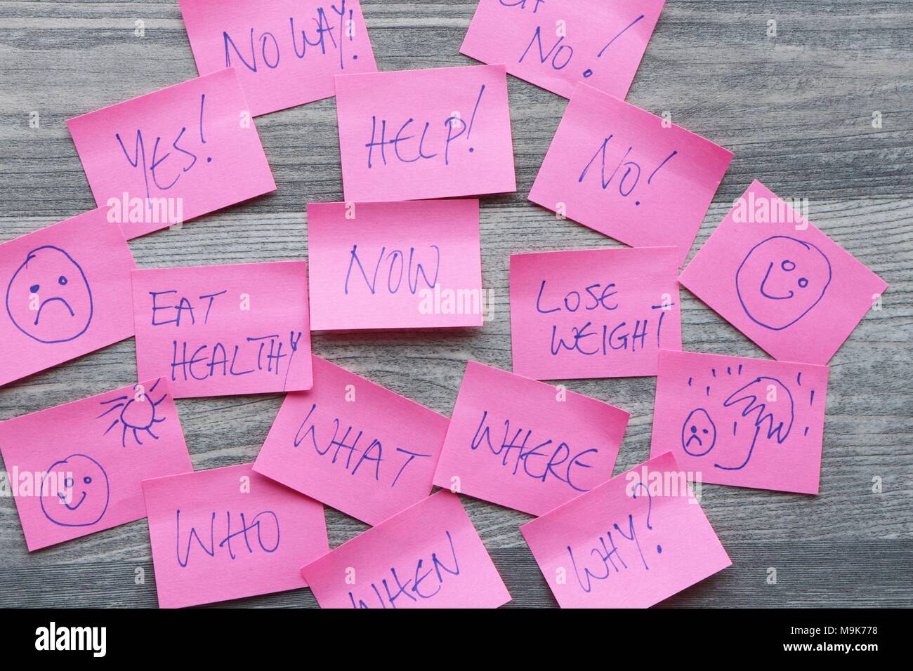 Post it notes, yes or no, choices, decisions, actions on grey plank ...