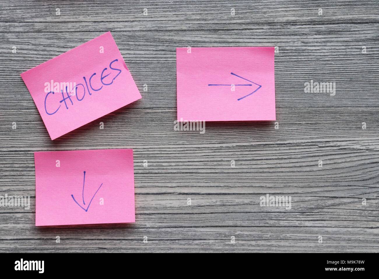 Post it notes, yes or no, choices, decisions, actions on grey plank ...