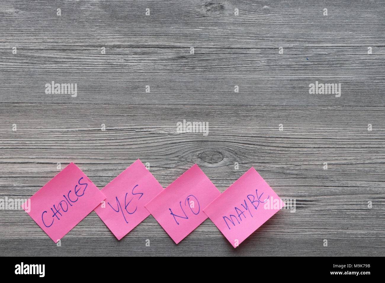 Post it notes, yes or no, choices, decisions, actions on grey plank ...
