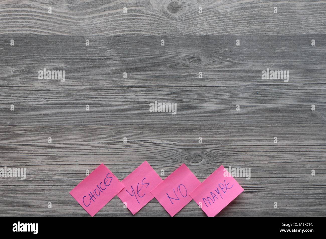 Post it notes, yes or no, choices, decisions, actions on grey plank ...