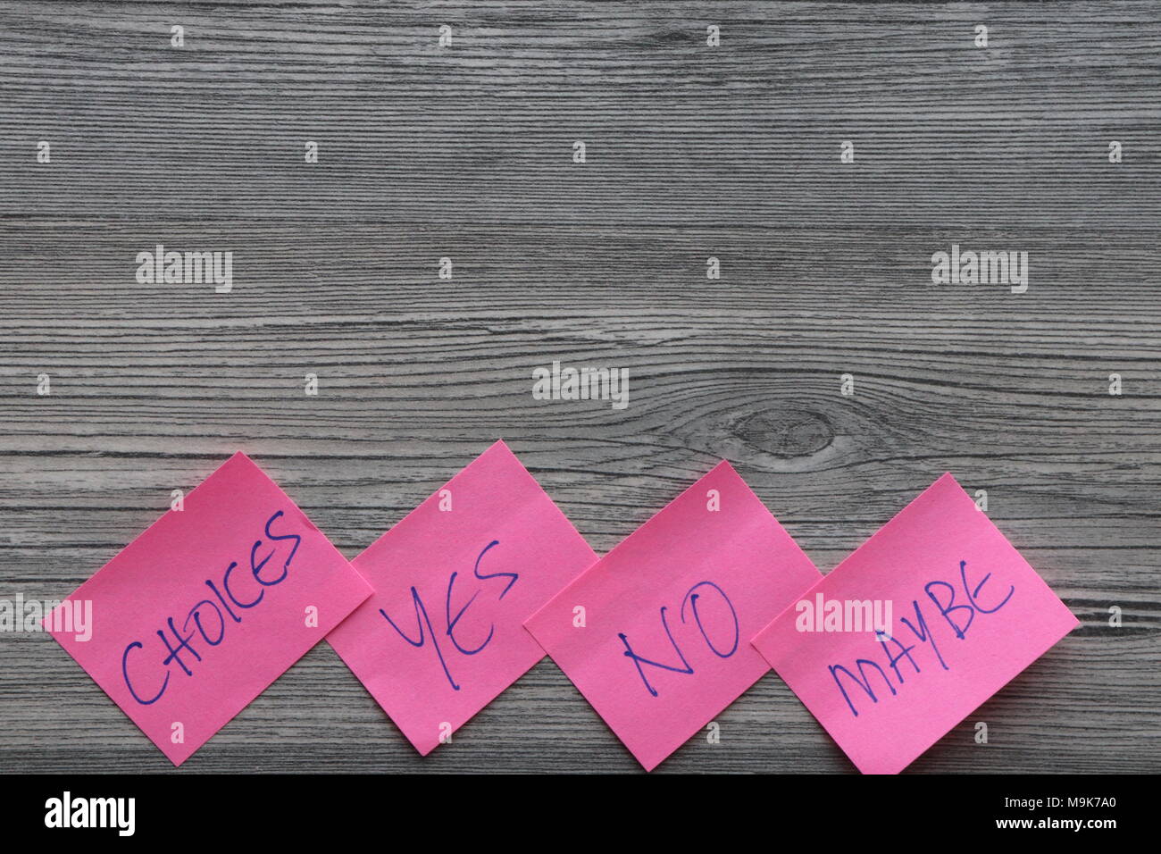 Post it notes, yes or no, choices, decisions, actions on grey plank ...