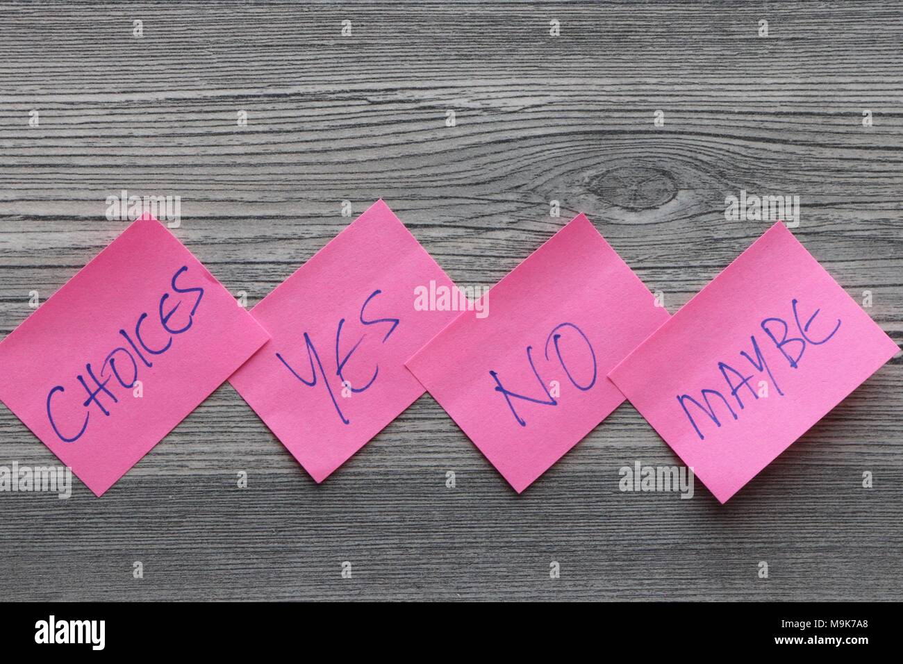 Post it notes, yes or no, choices, decisions, actions on grey plank ...