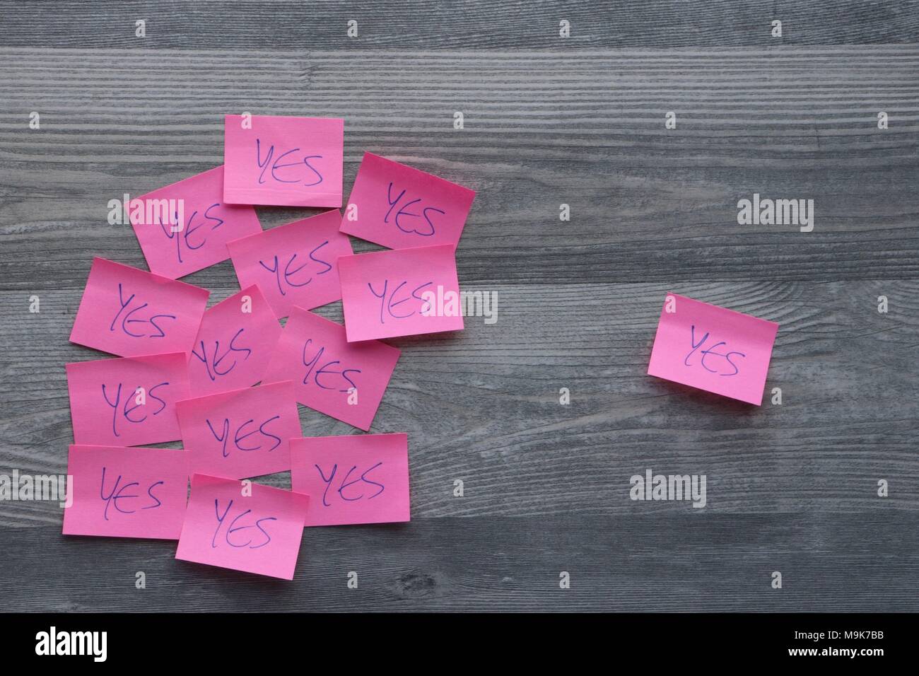Post it notes, yes or no, choices, decisions, actions on grey plank ...