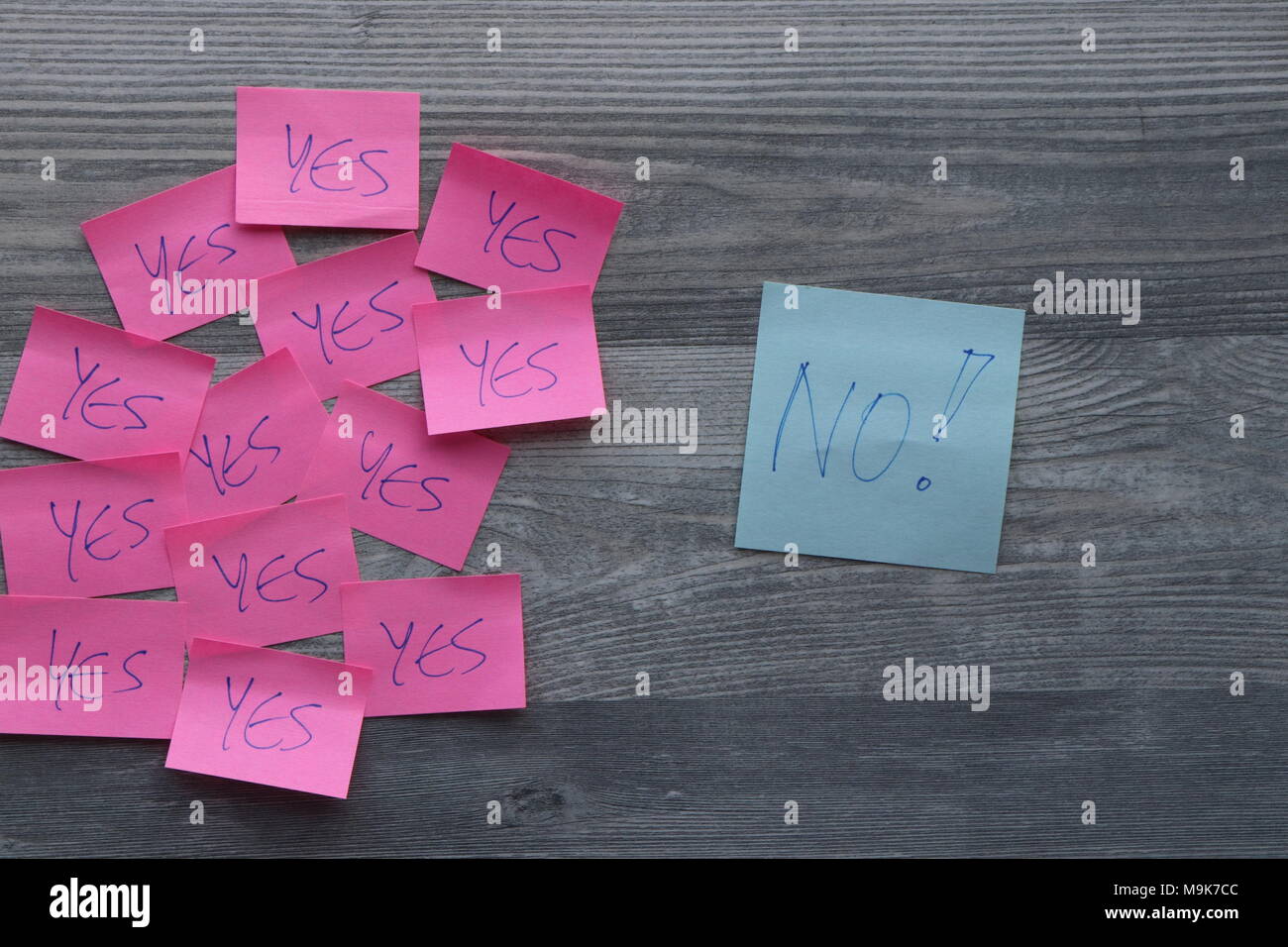 Post it notes, yes or no, choices, decisions, actions on grey plank ...