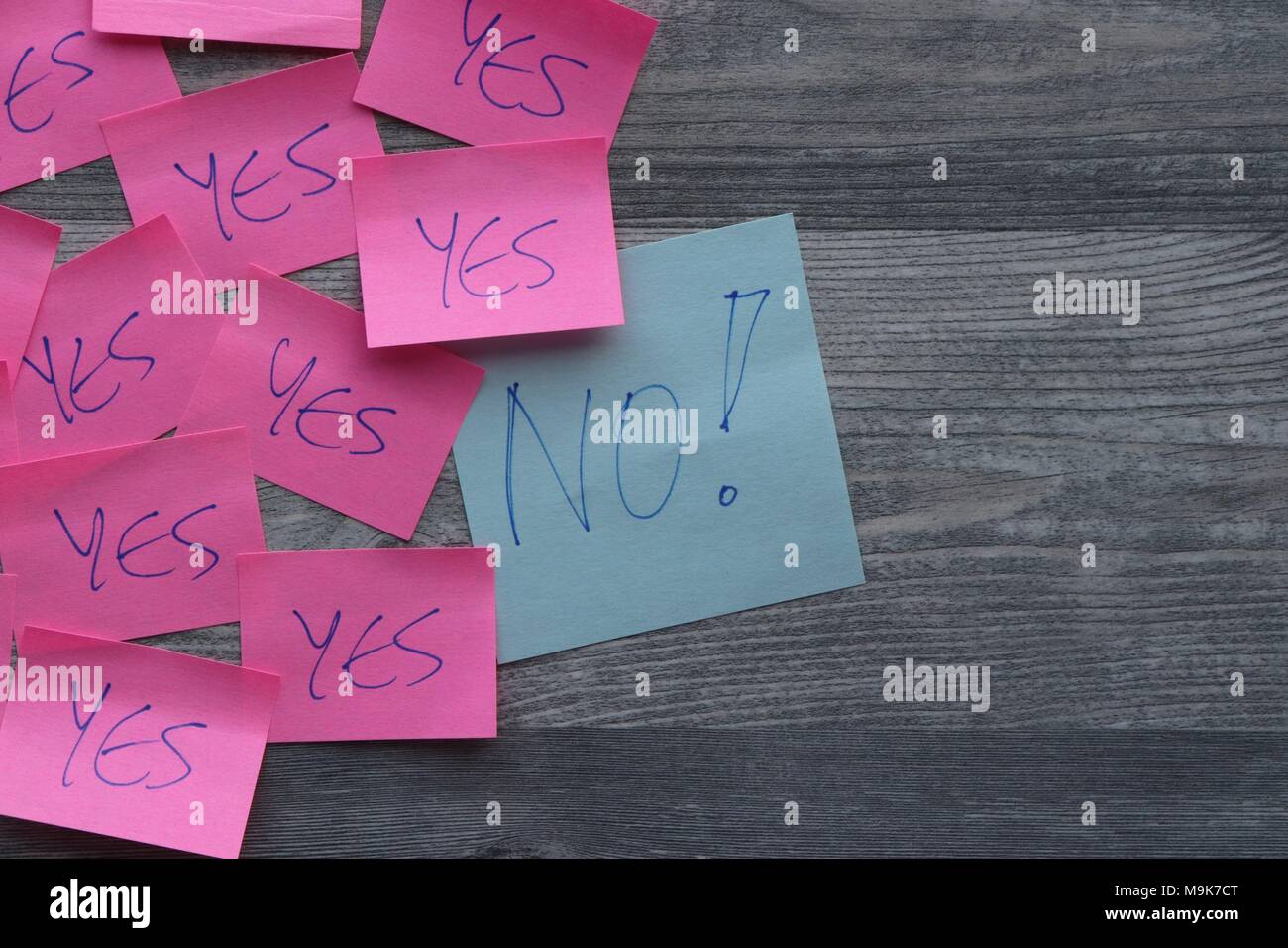 Post it notes, yes or no, choices, decisions, actions on grey plank ...