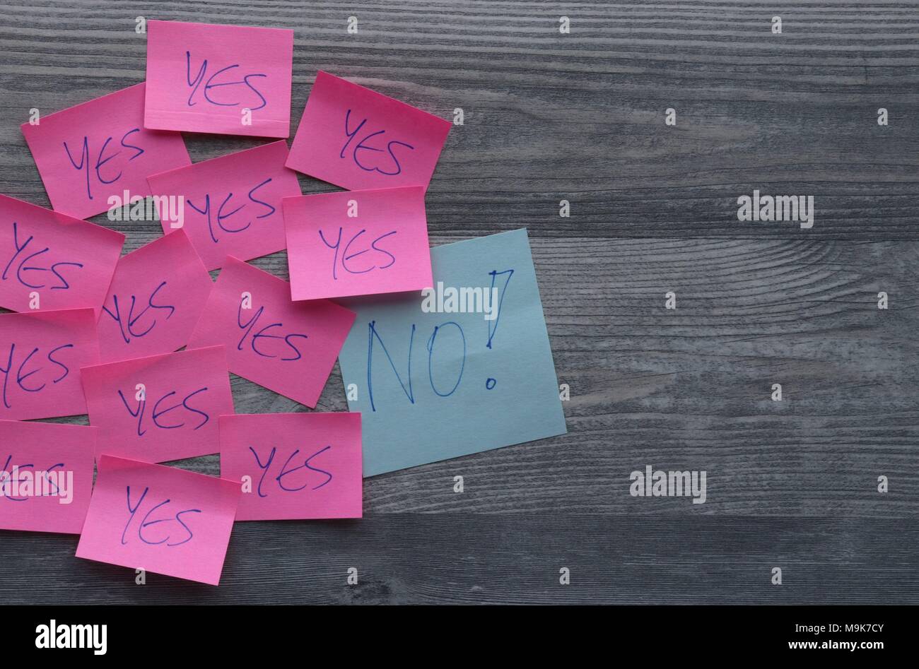 Post it notes, yes or no, choices, decisions, actions on grey plank ...