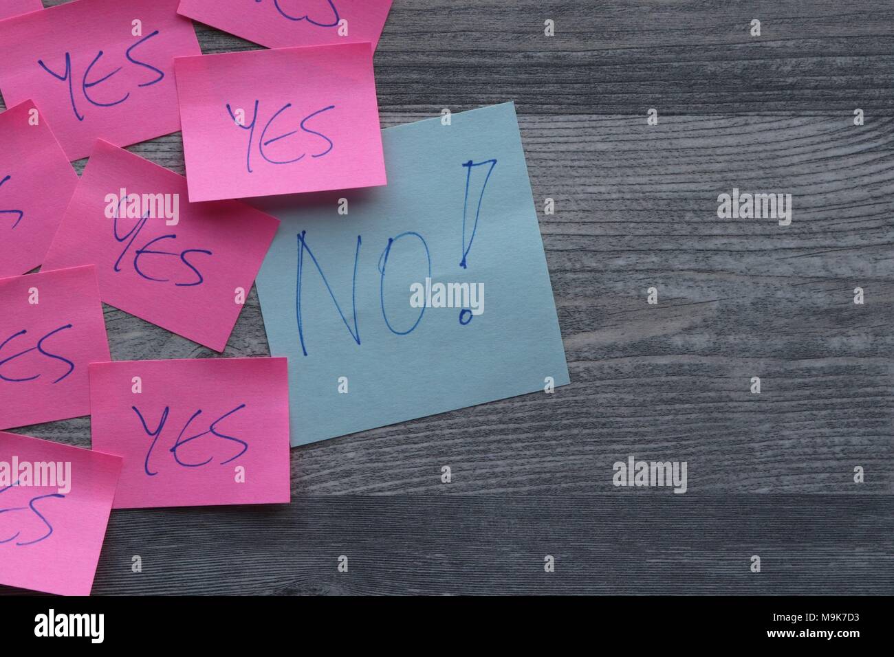 Post it notes, yes or no, choices, decisions, actions on grey plank ...