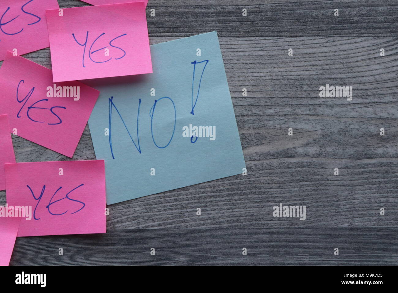 Post it notes, yes or no, choices, decisions, actions on grey plank ...