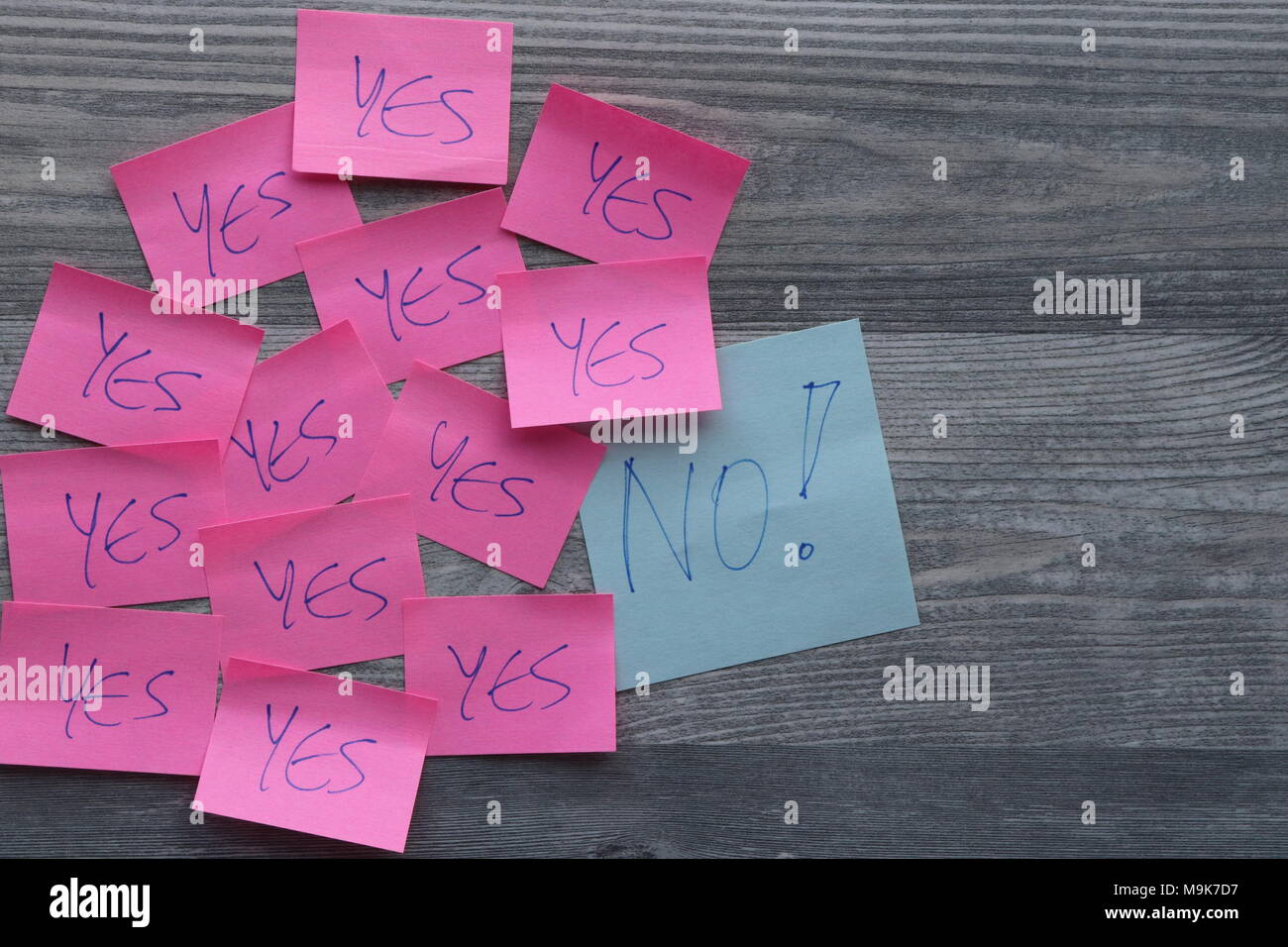 Post it notes, yes or no, choices, decisions, actions on grey plank ...