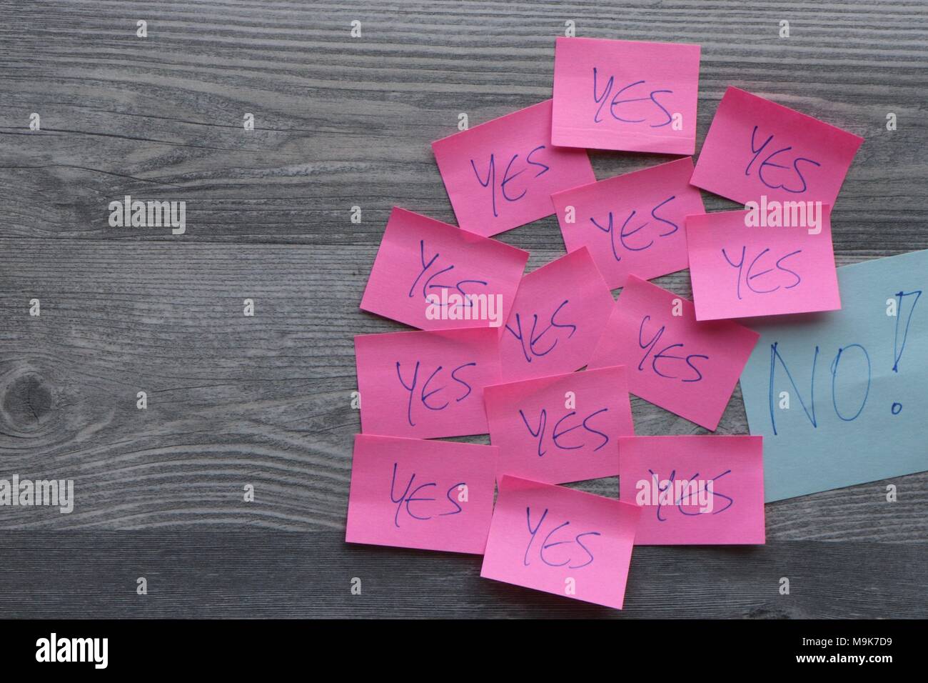 Post it notes, yes or no, choices, decisions, actions on grey plank ...
