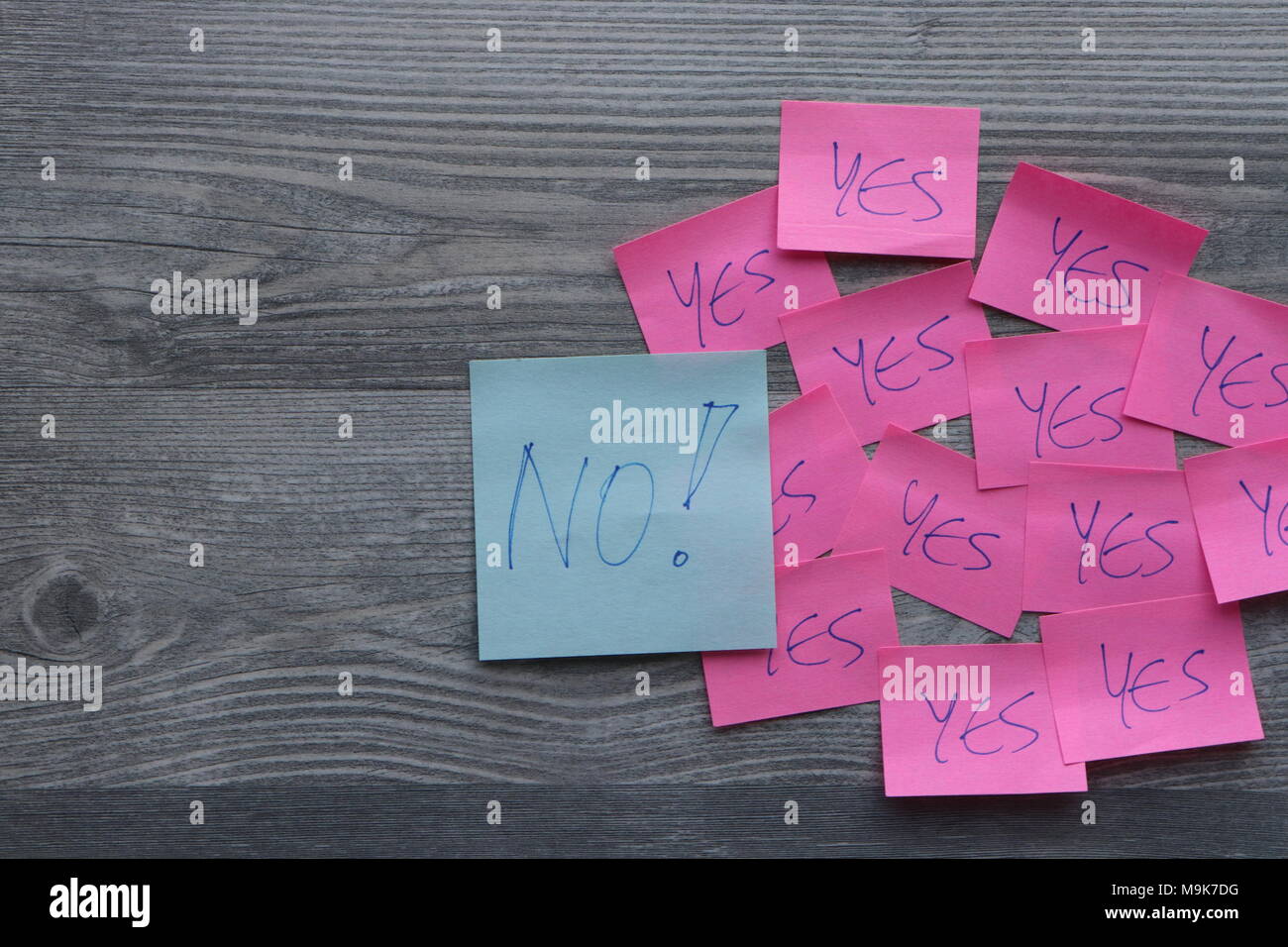 Post it notes, yes or no, choices, decisions, actions on grey plank ...