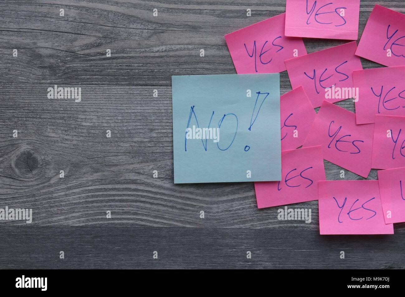 Post it notes, yes or no, choices, decisions, actions on grey plank ...