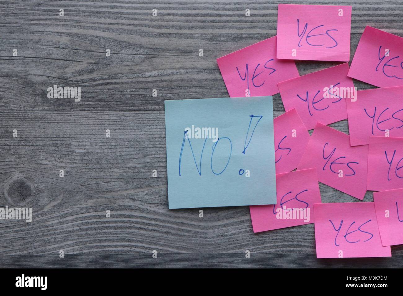Post it notes, yes or no, choices, decisions, actions on grey plank ...