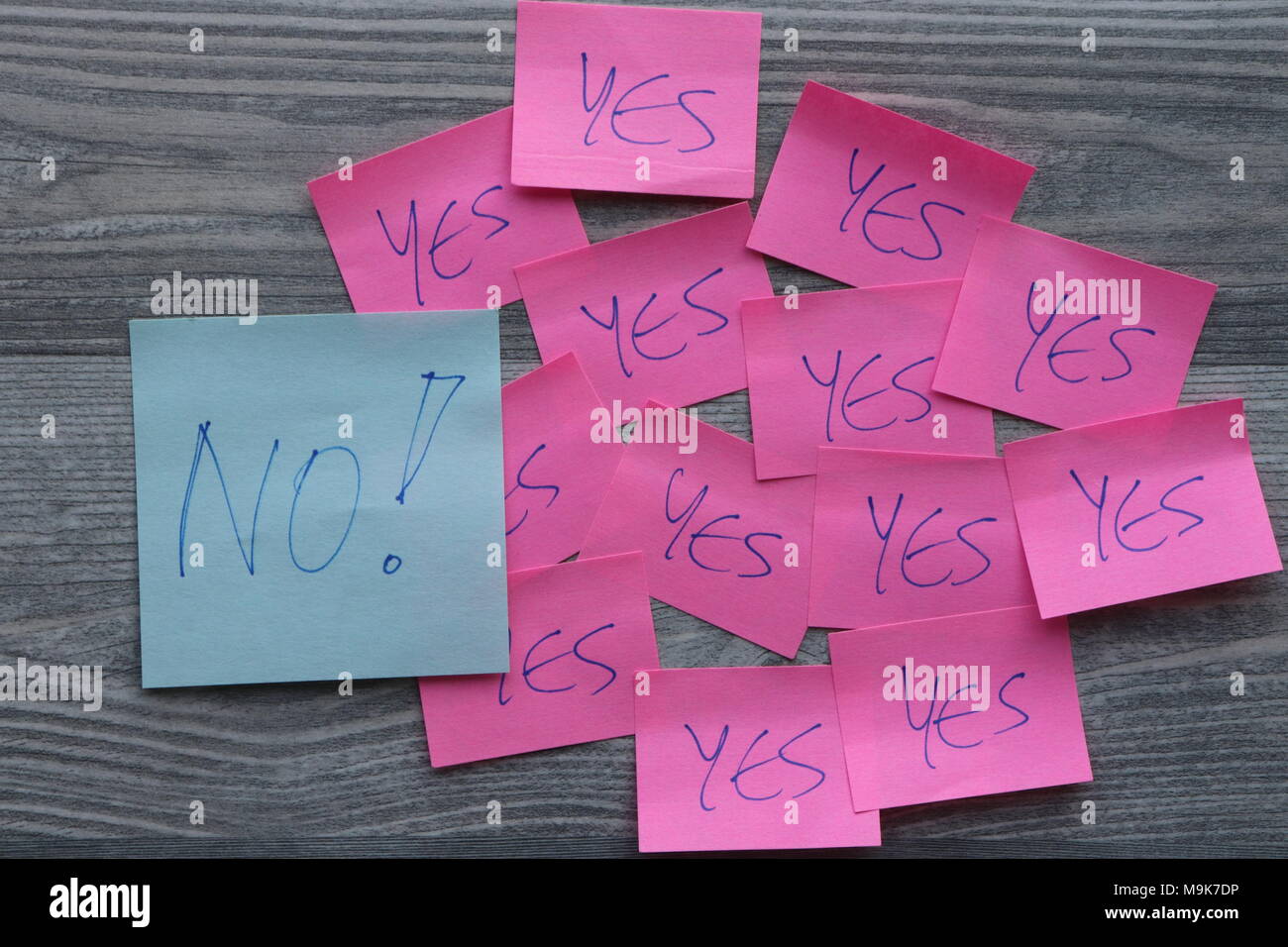 Post it notes, yes or no, choices, decisions, actions on grey plank ...