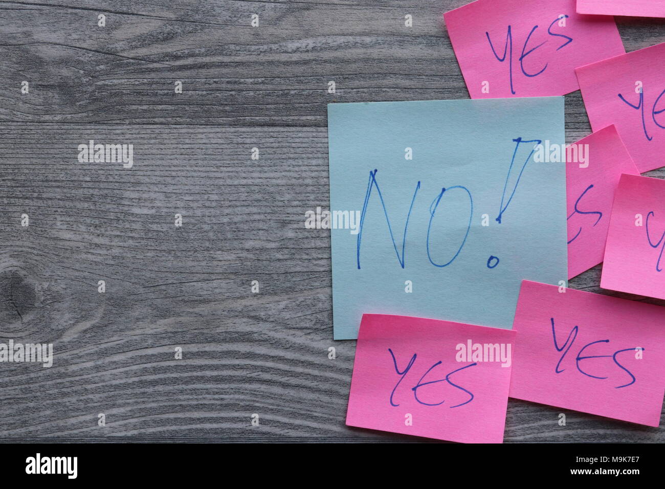 Post it notes, yes or no, choices, decisions, actions on grey plank ...