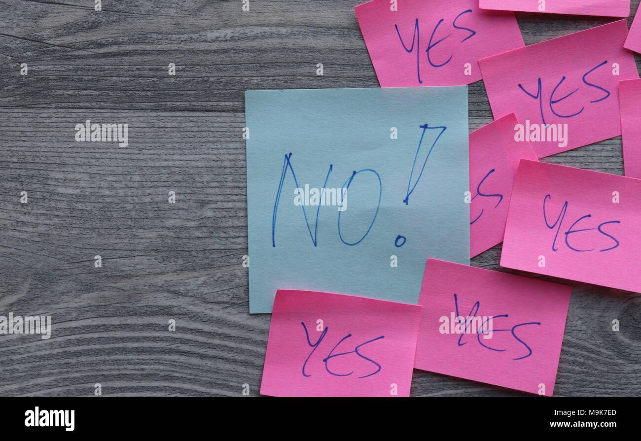 Post it notes, yes or no, choices, decisions, actions on grey plank ...