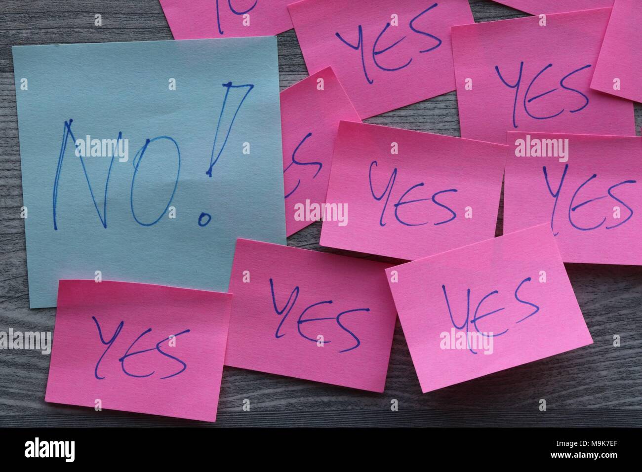 Post it notes, yes or no, choices, decisions, actions on grey plank ...