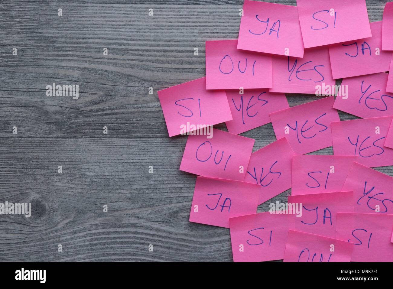 Post it notes, yes or no, choices, decisions, actions on grey plank ...