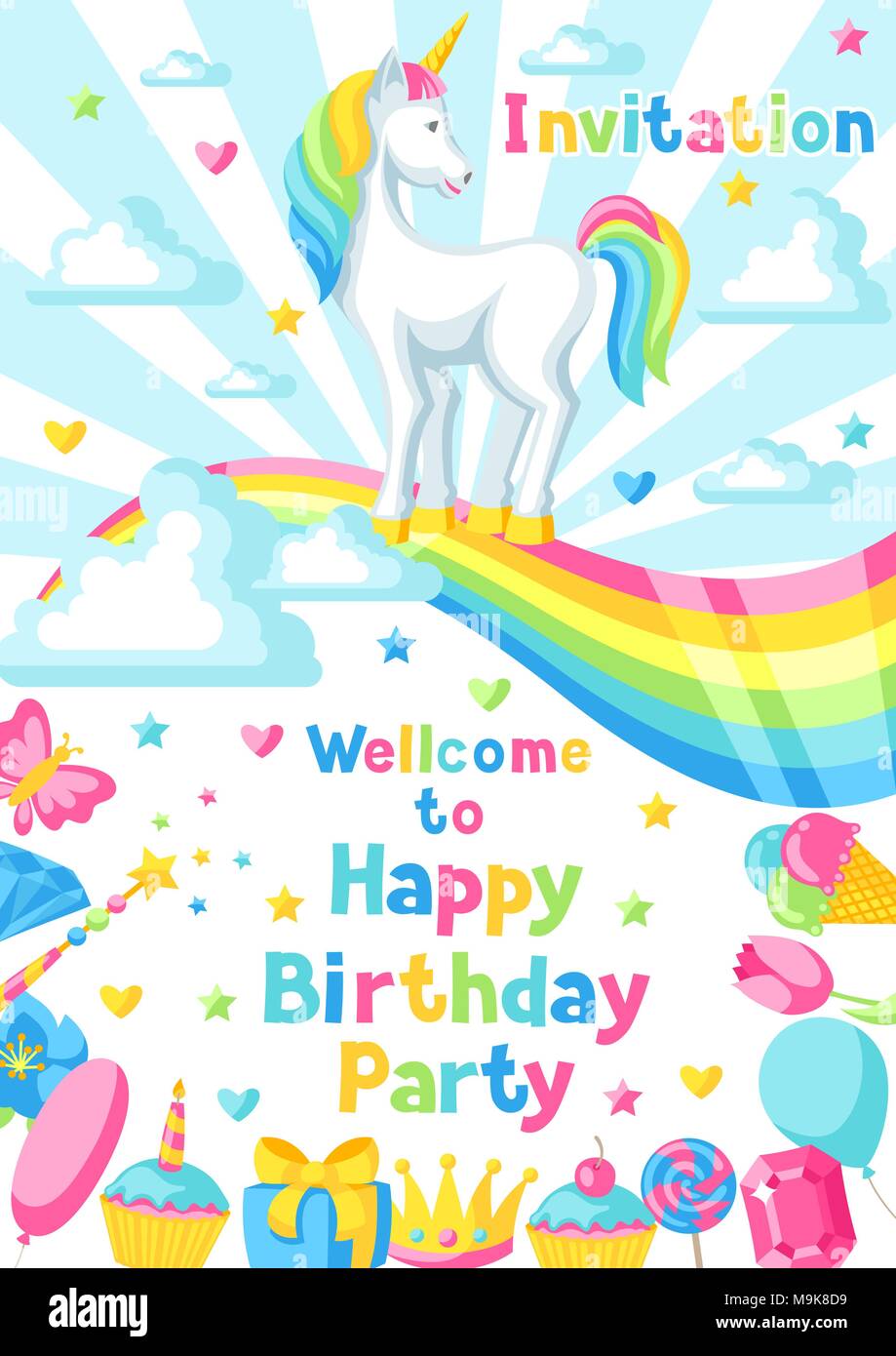 Happy birthday party invitation with unicorn and fantasy items Stock ...