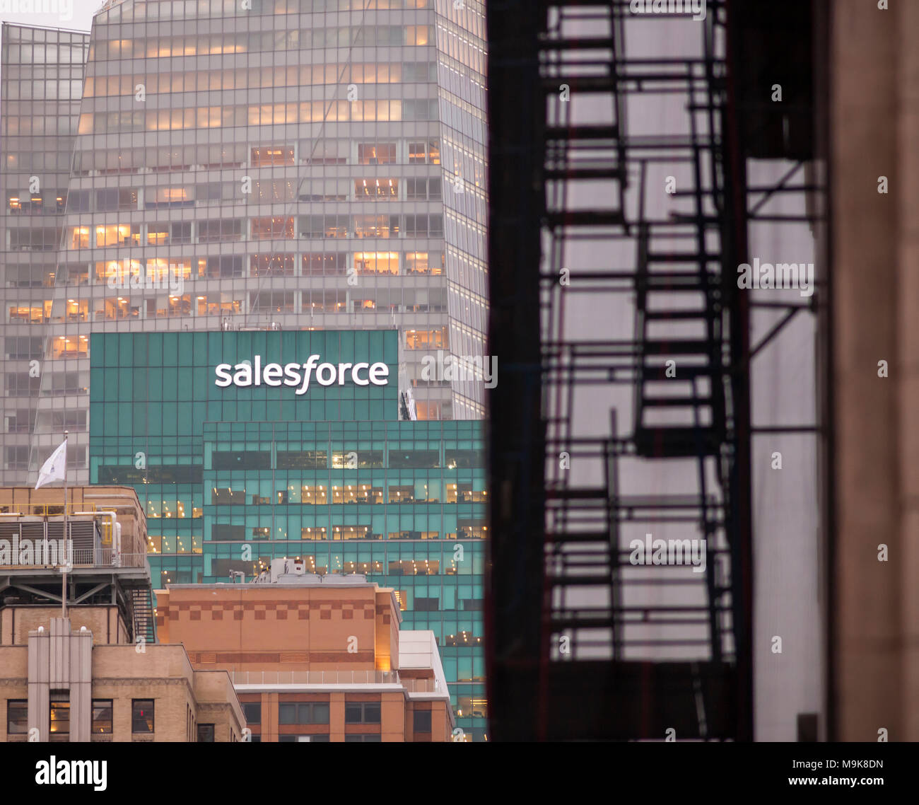 The branded building of Salesforce, a cloud-computing company, are seen ...