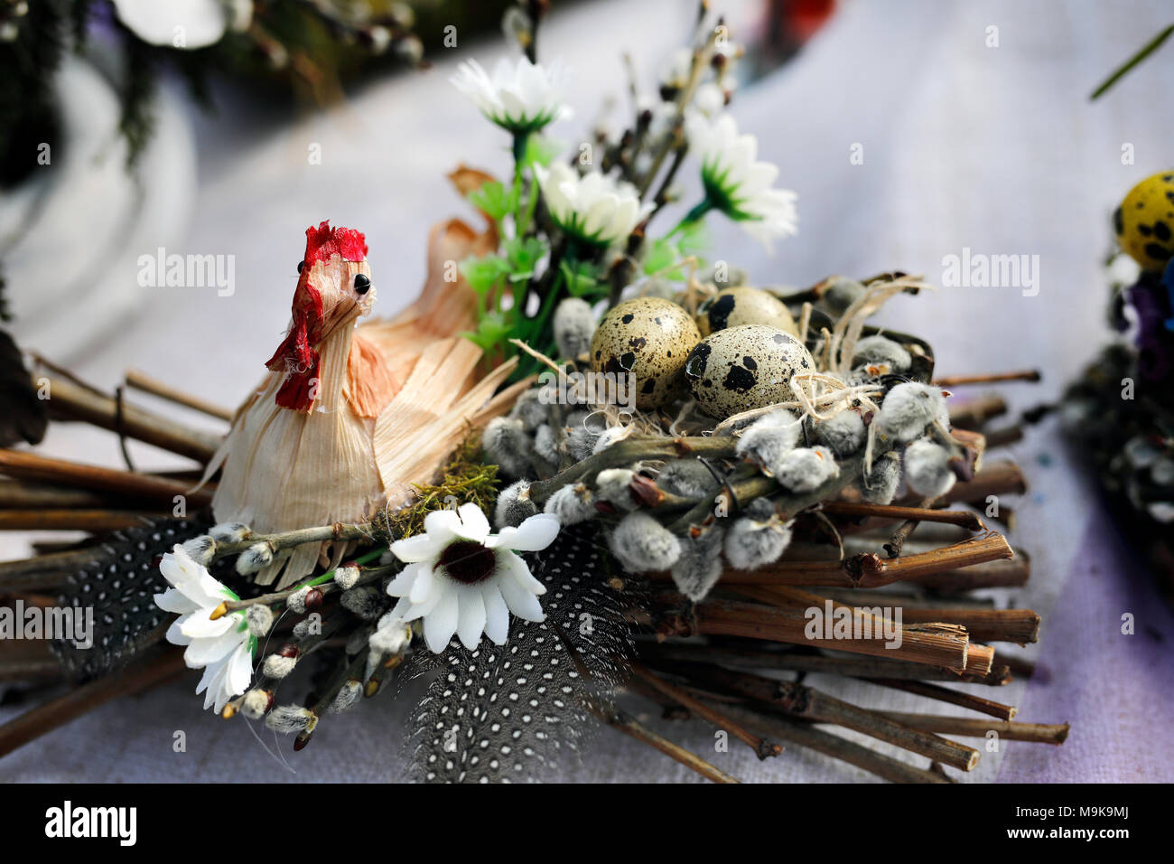 Easter decorations. Chicken with eggs. Floral design Stock Photo - Alamy