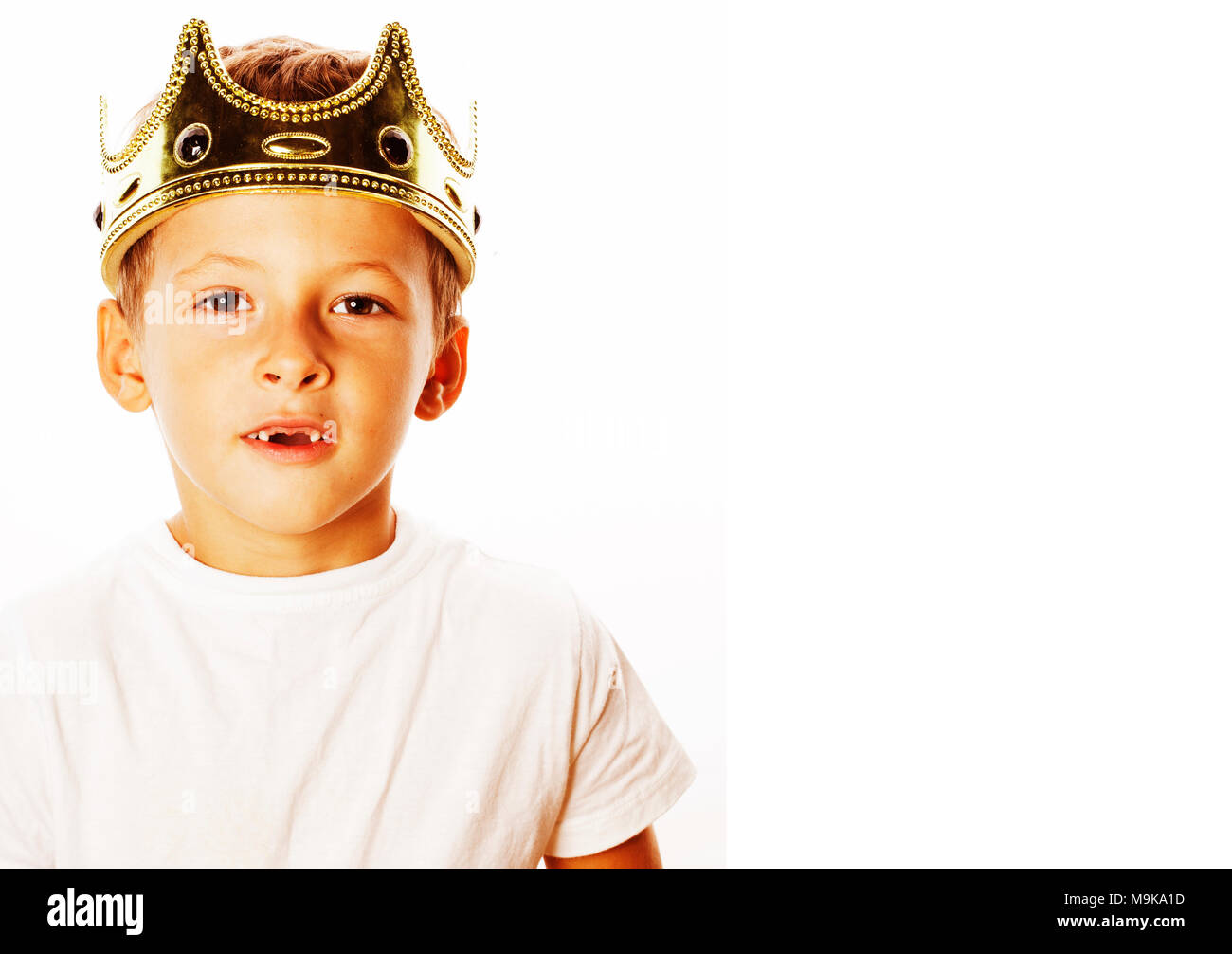 little cute boy wearing crown isolated close up on white Stock Photo ...