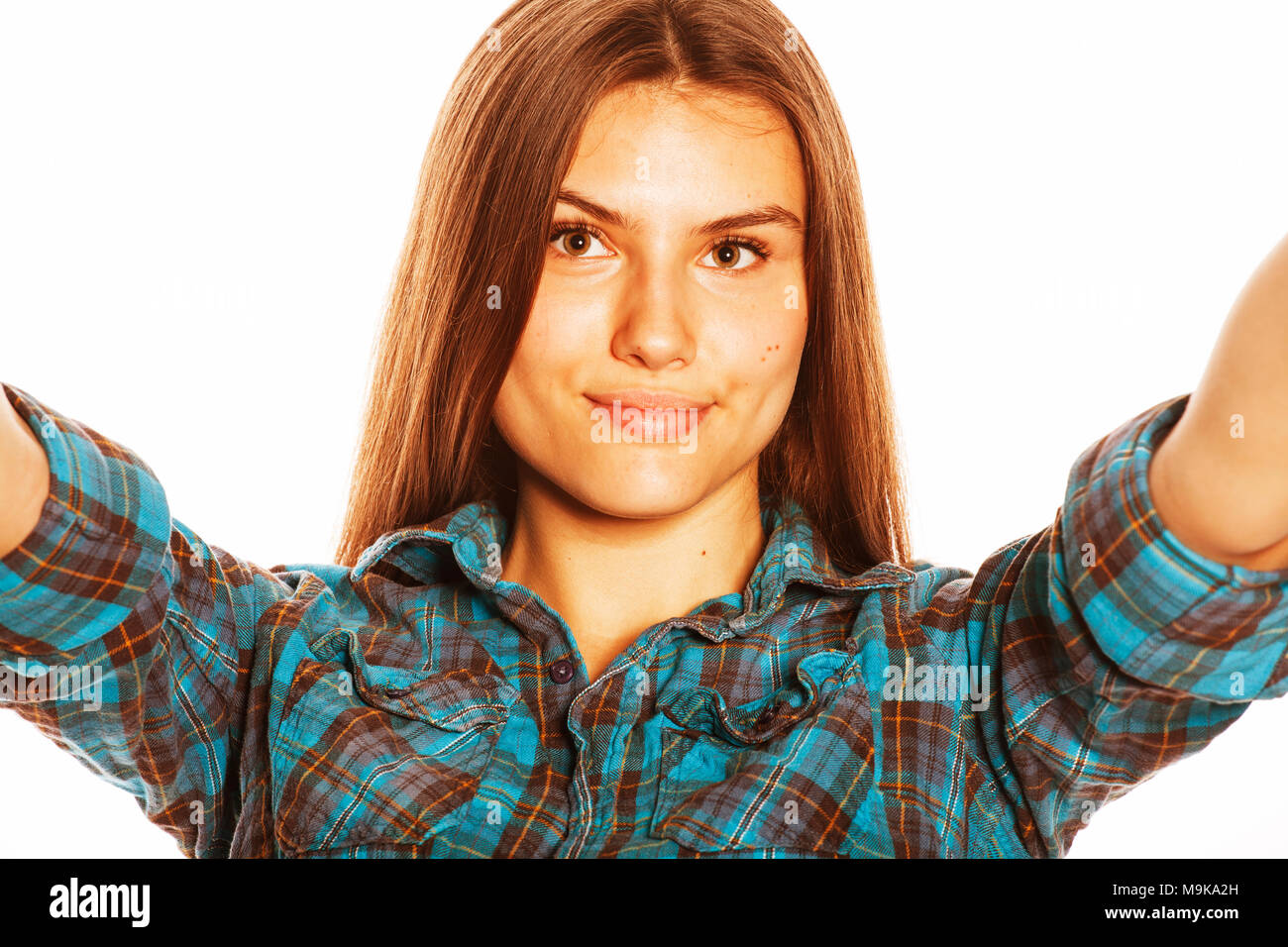 cute teenage girls making selfie isolated Stock Photo - Alamy