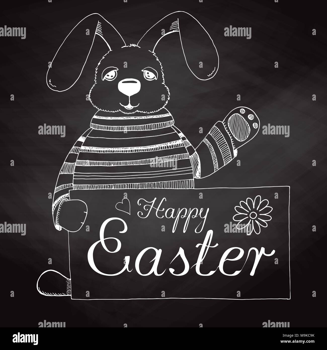 Sketch Easter bunny with a poster on the chalkboard. Vector. Happy ...