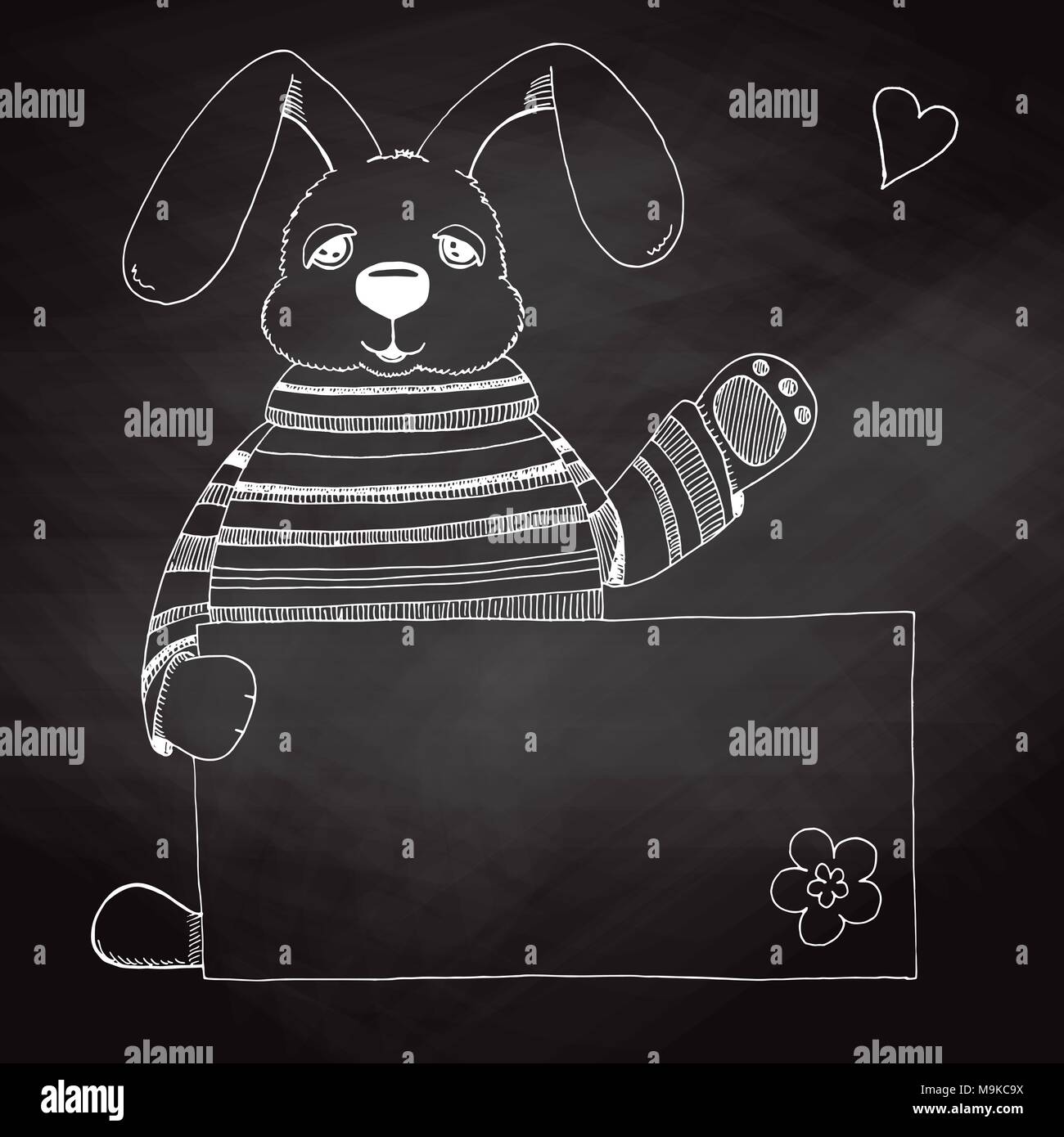 Sketch Easter bunny with a poster on the chalkboard. Vector. Happy ...