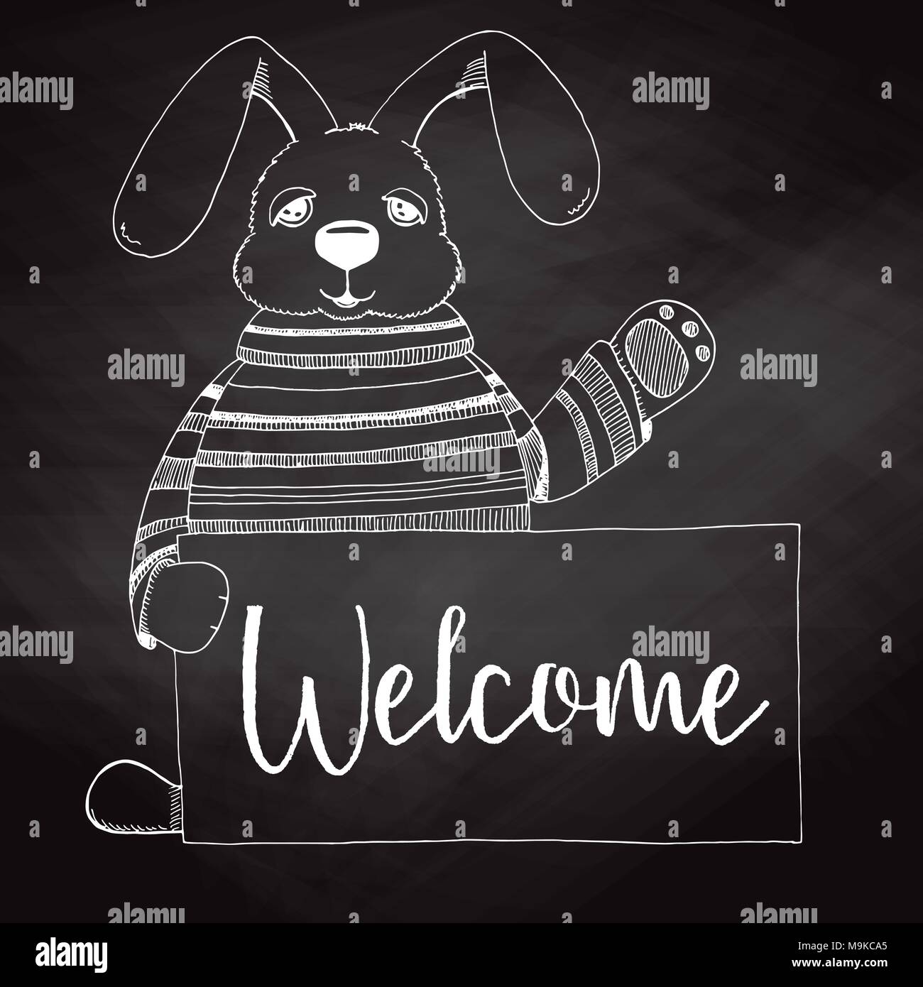 Sketch Easter bunny with a poster on the chalkboard. Vector. Happy ...