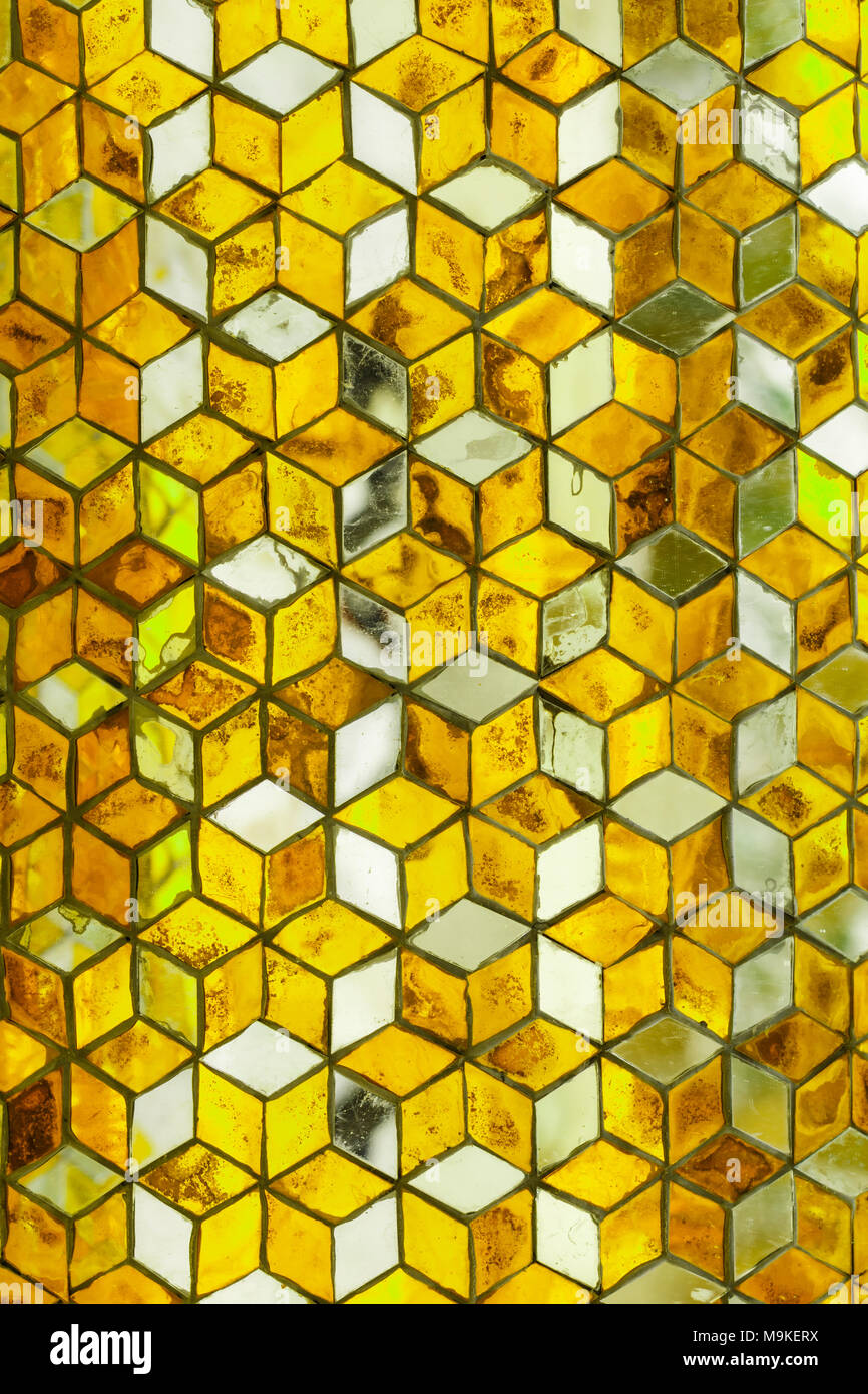 Traditional Thai style art mirror pattern on wall in Temple, Thailand ...