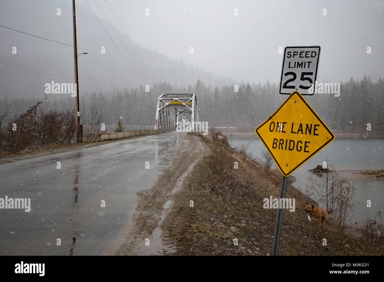 A "One Lane Bridge" sign by the Noxon truss steel bridge over the Clark ...