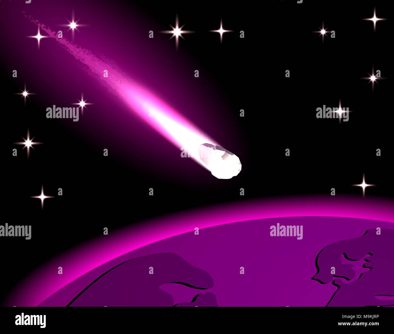 A bright comet of purple color, a meteor flying over the background of ...