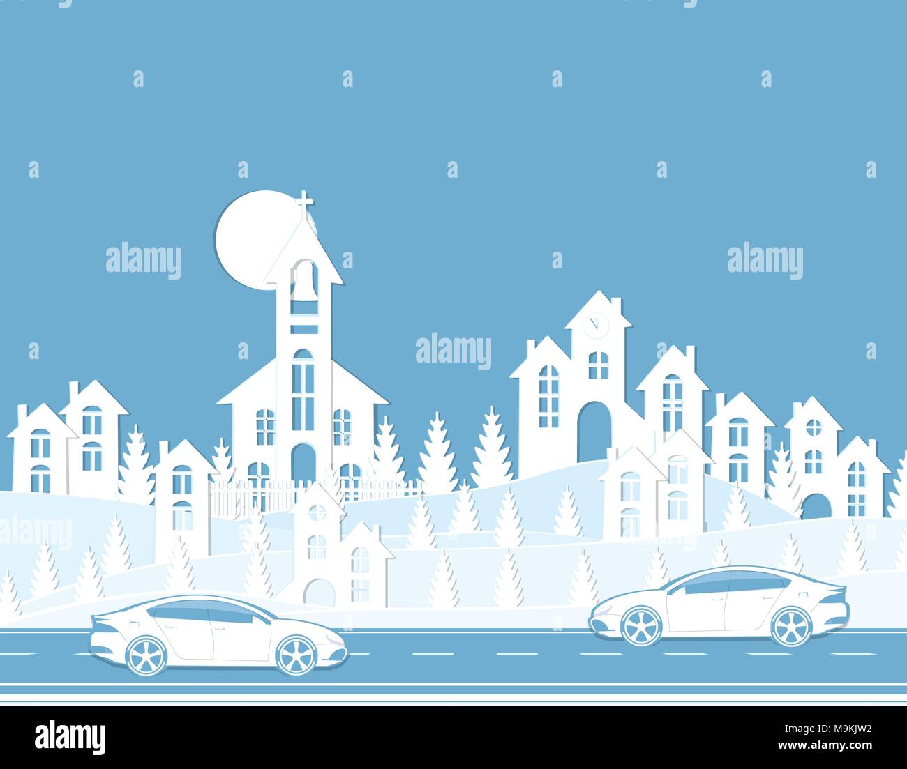 Graphic illustration of a cityscape. Houses, cars, road. Cut from paper ...